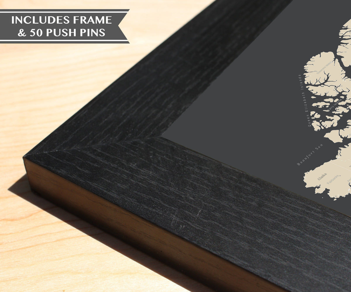 Framed World Push Pin Map - Charcoal Grey – An Adventure Awaits LLC