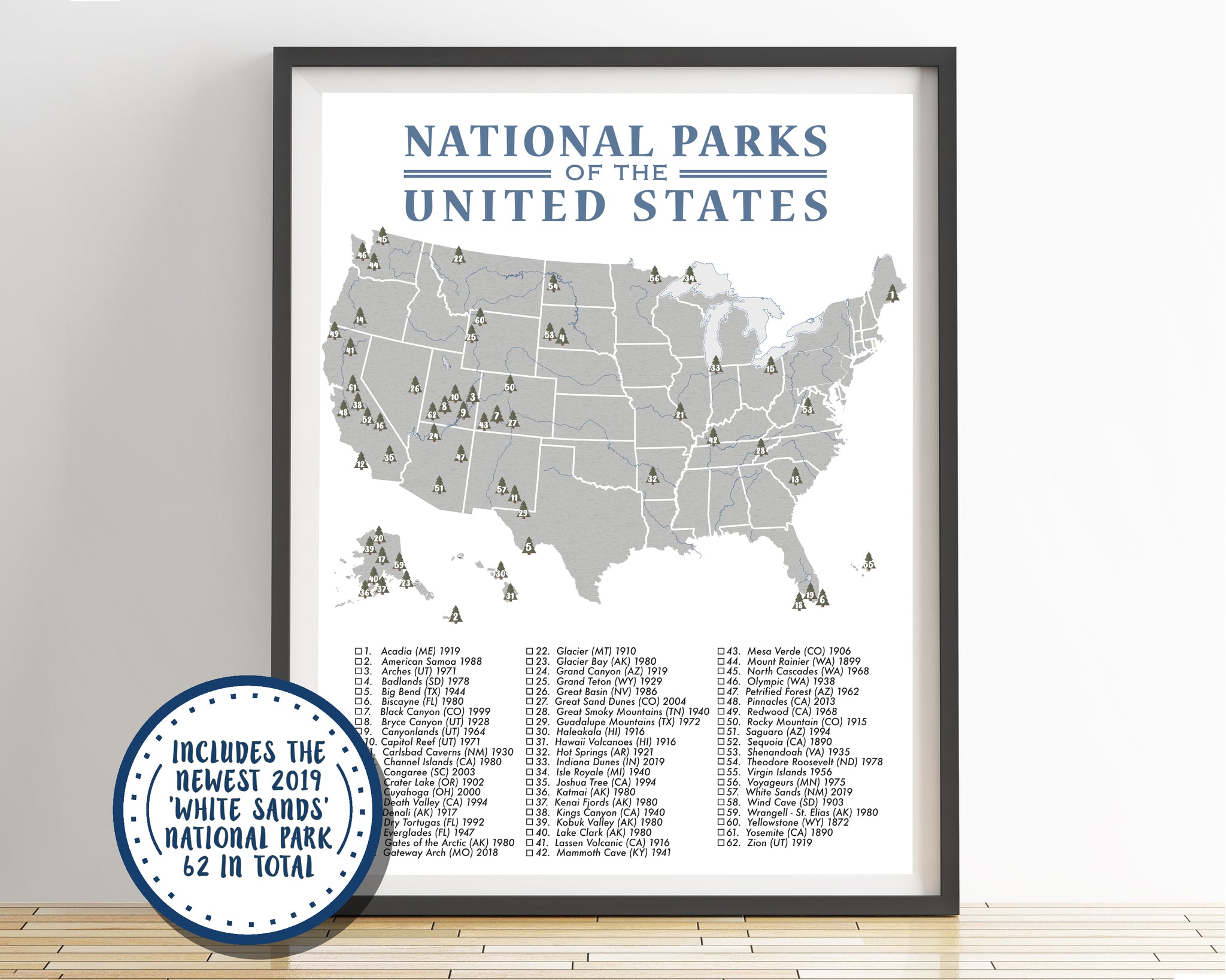 National Parks Map Checklist Poster Grey/Blue - 62 Parks – An Adventure ...