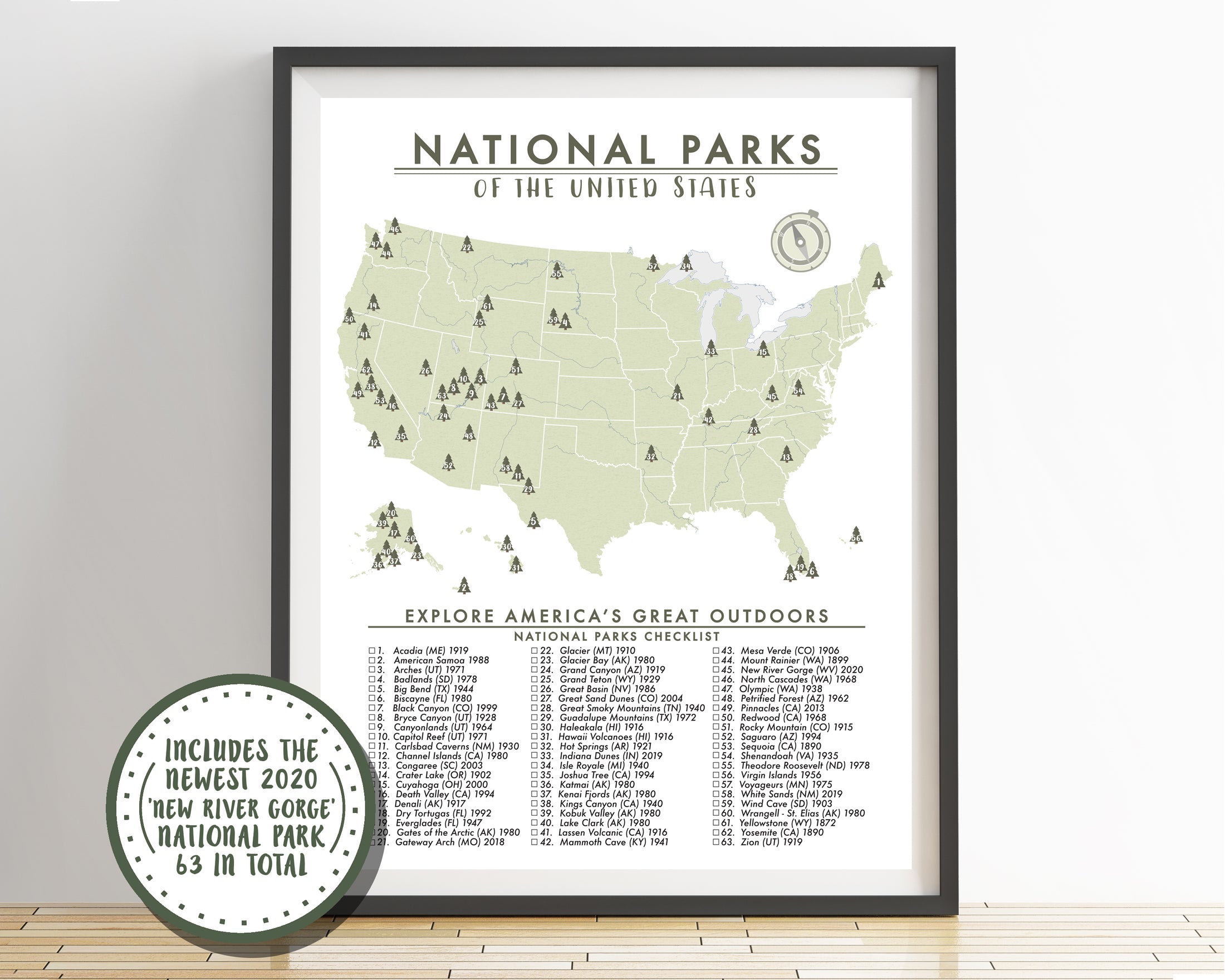 National Parks Map Checklist Poster - 63 Parks – An Adventure Awaits LLC